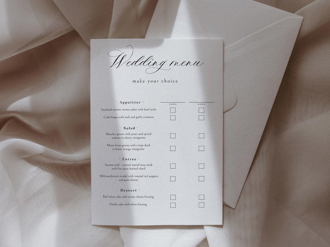 Wedding Menu Selection Card, Menu Choice Card, Wedding Menu Card ...