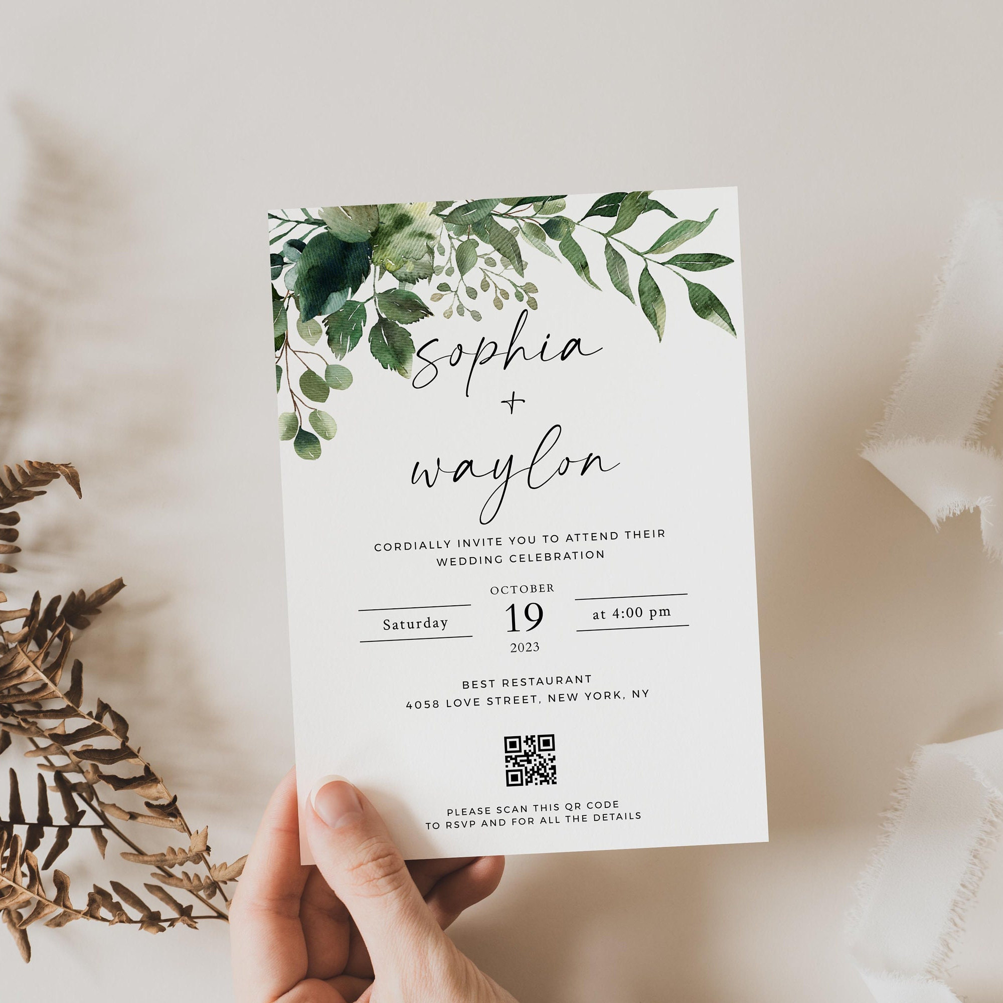 Wedding Invitation With QR Code Greenery Wedding Invitation - Etsy