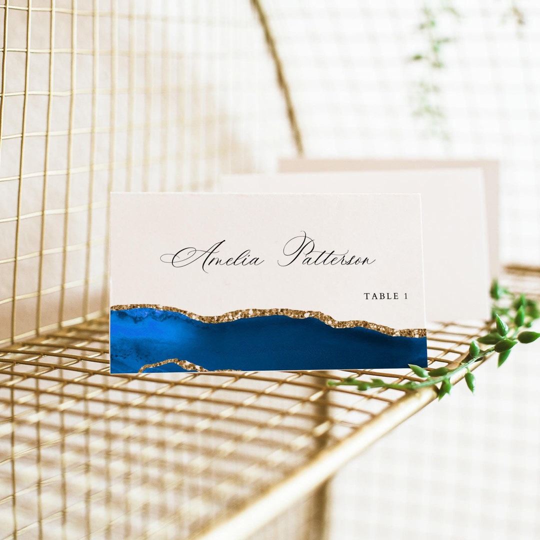Place Card Royal Blue and Gold, Wedding Place Card Royal Blue Agate ...