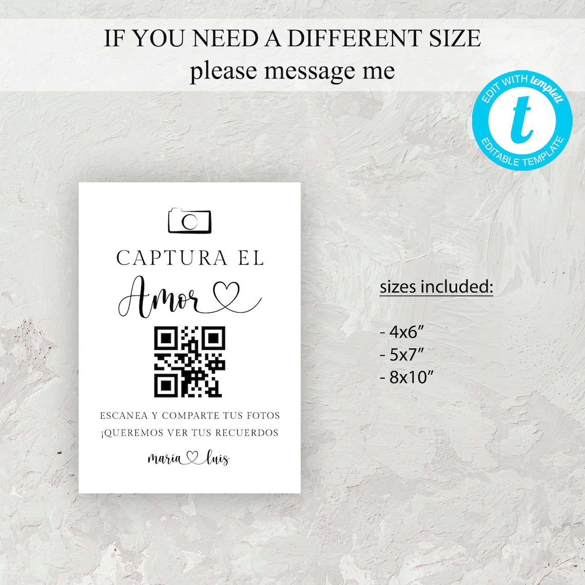 Capture the Love Spanish Template, QR Code Wedding Photo Sign, Editable ...