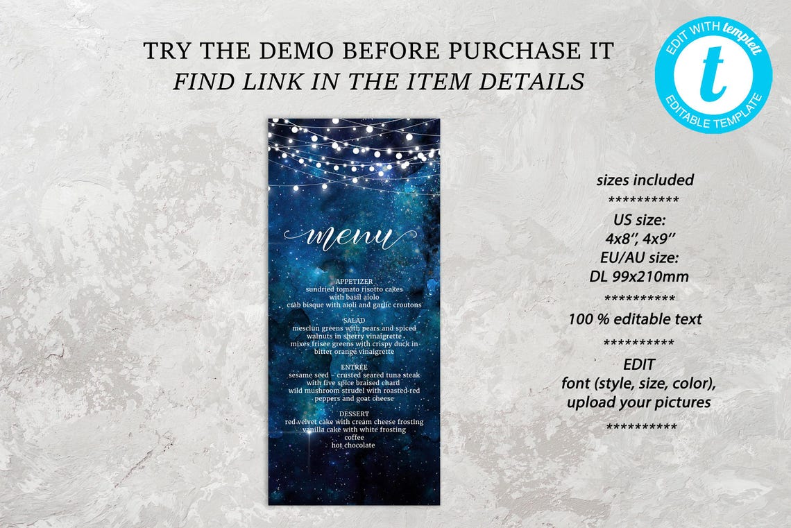 Celestial Wedding Menu Template, Starry Night, Galaxy (digital Download ...