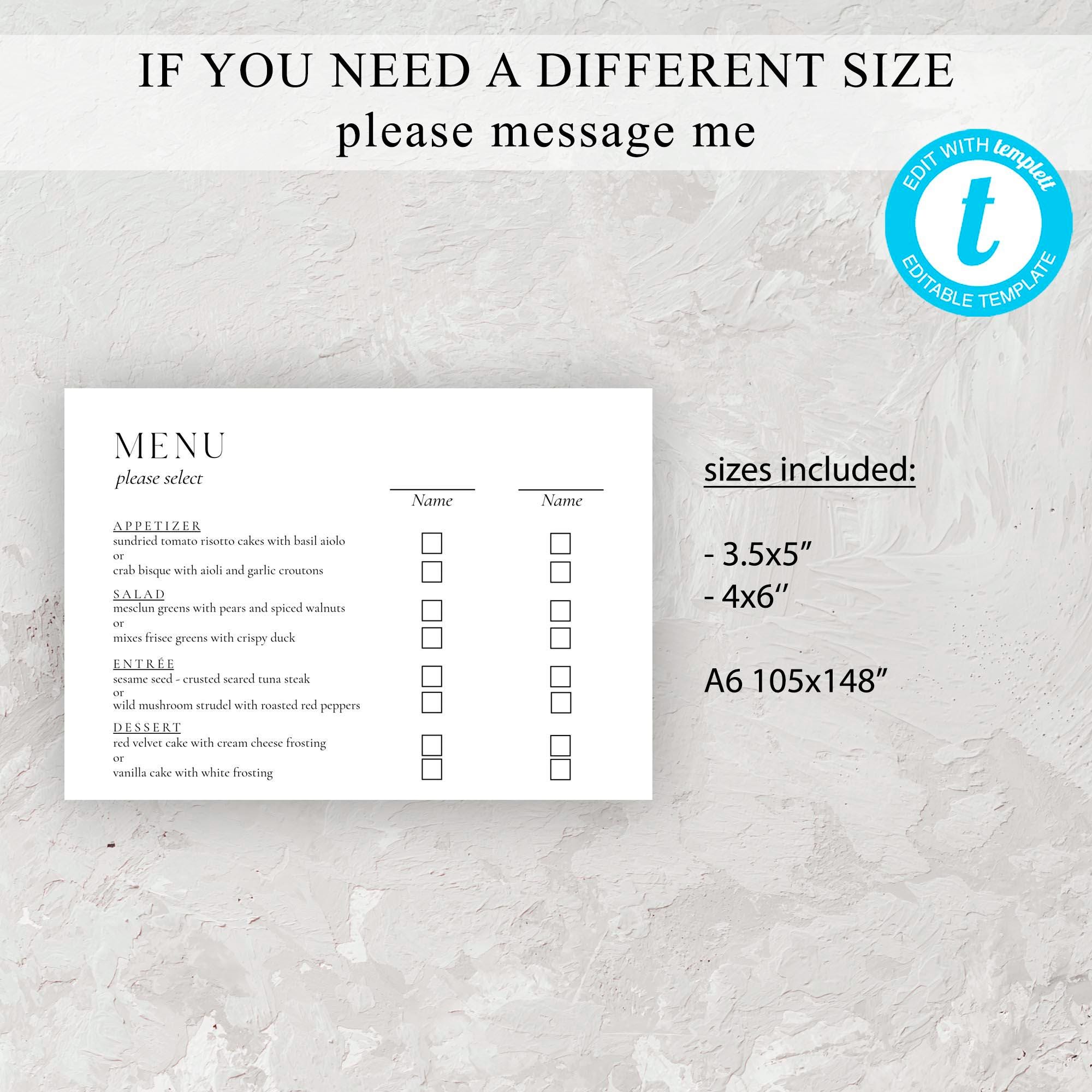 Wedding Menu Selection Card, Food Choice, Editable Template, Instant ...