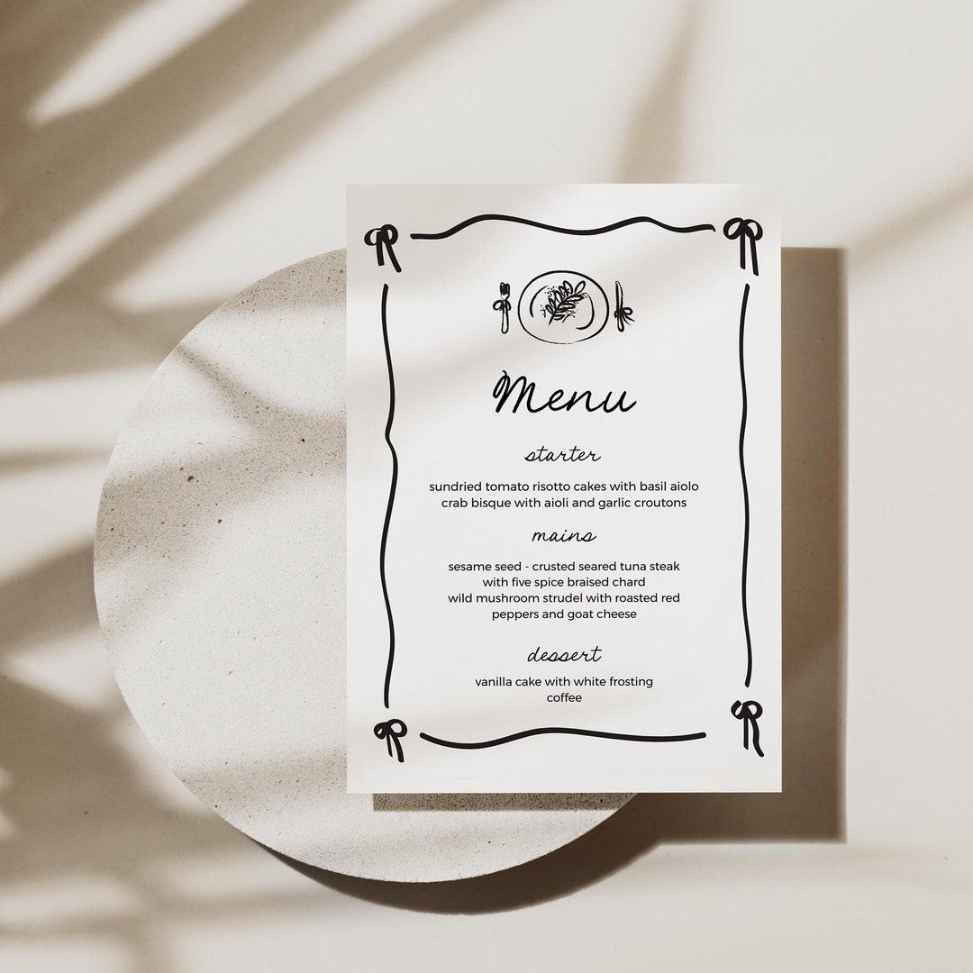 Whimsical Menu Card, Dinner Menu Card Template, Handwritten Menu Card ...