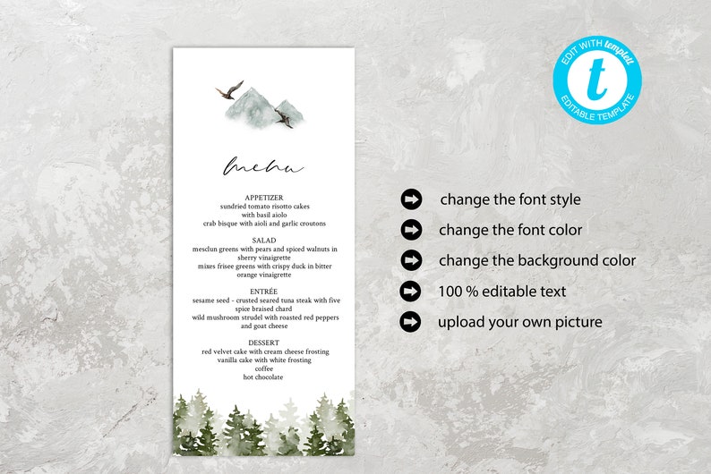 Wedding Menu Rustic Template Wedding Menu Forest Wedding | Etsy