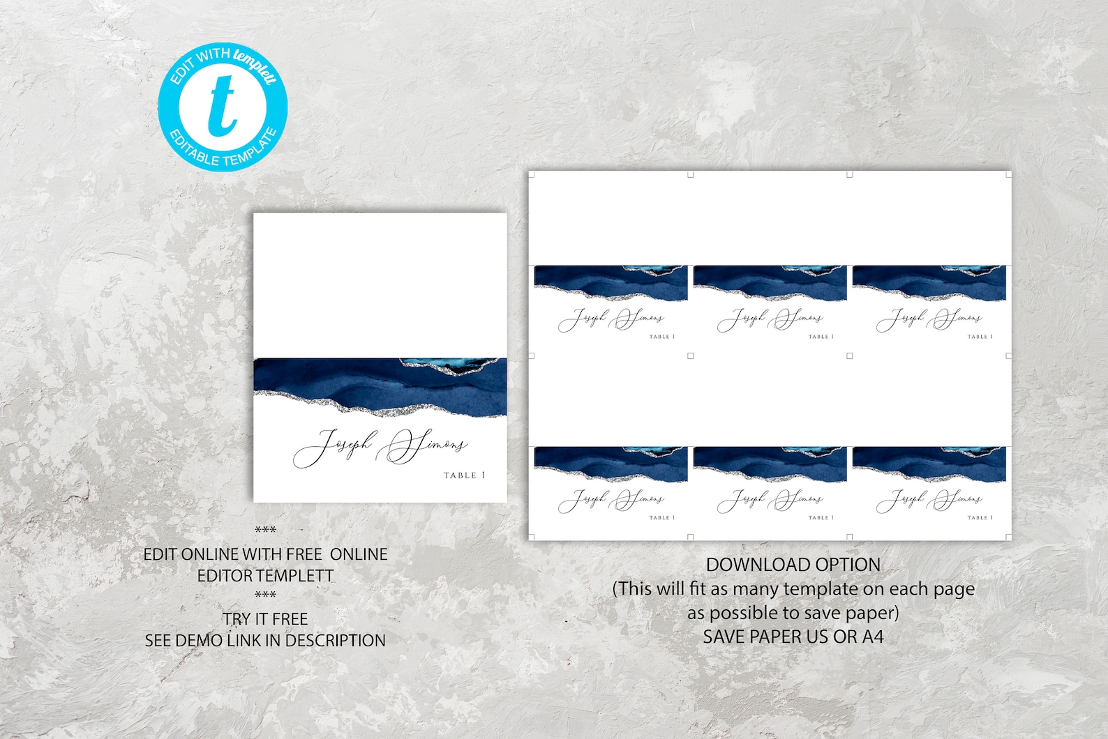Wedding Place Card Template Wedding Name Card Blue and Silver Wedding ...
