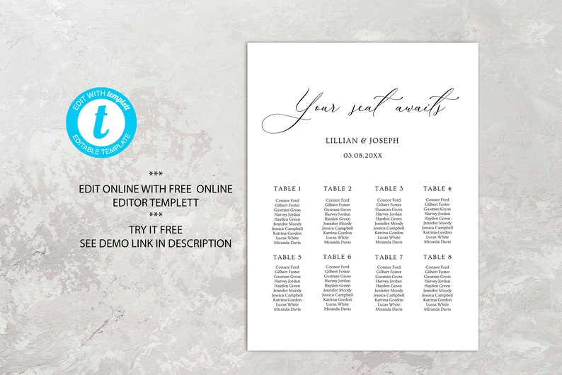 Wedding Seating Chart Template for 8 Tables Wedding Seating | Etsy