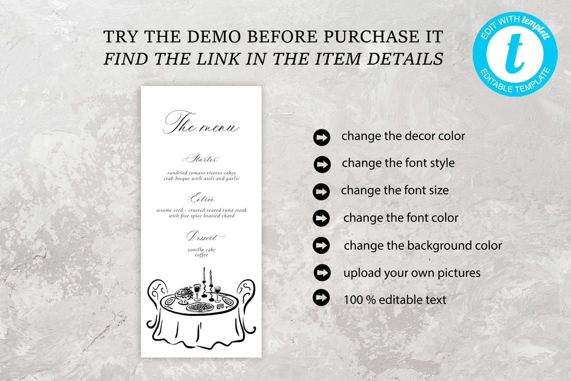 French Style Wedding Menu: Whimsical Handwritten Dinner Card (digital ...