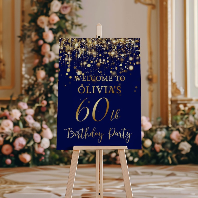 Blue and Gold 60th Birthday Party Decoration Welcome Sign, Any Text ...