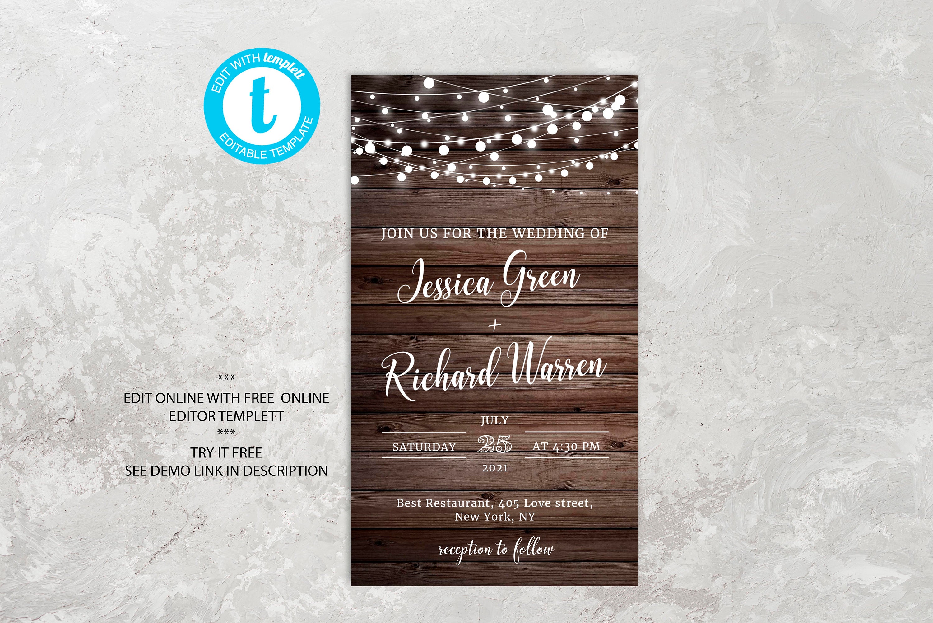 Rustic Wedding Invitation Electronic, Wood Wedding Invite Template ...