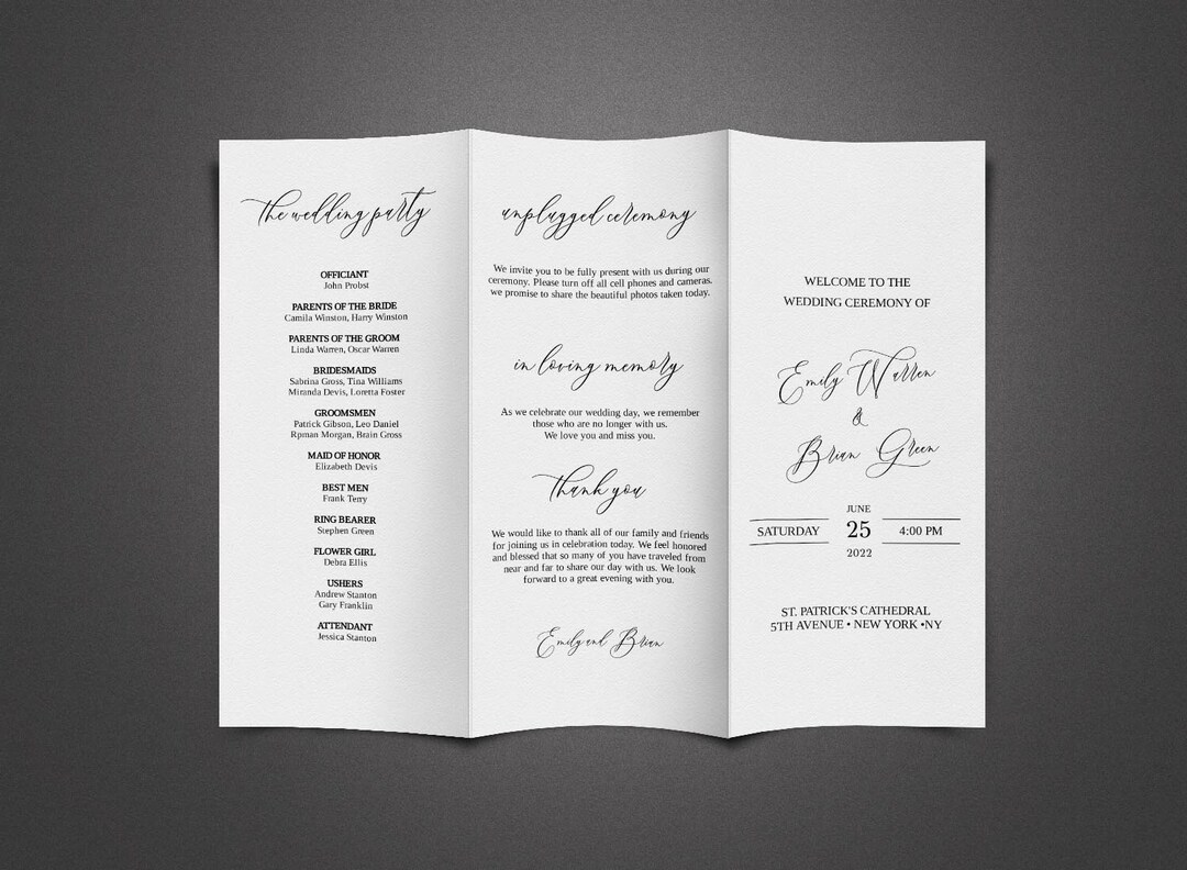 Tri-fold Wedding Program Template, Minimalist Ceremony Program, Order ...