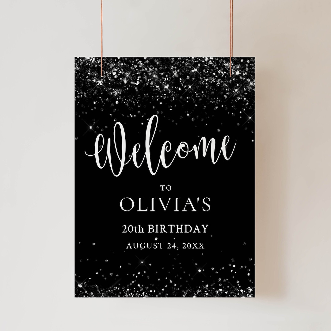 Black Glitter Birthday Welcome Sign: Editable Party Poster (digital ...