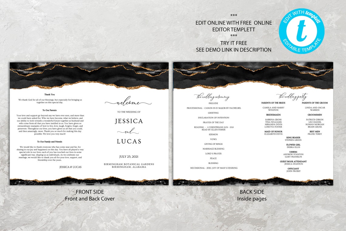 Black and Gold Folded Wedding Program Template Booklet | Etsy