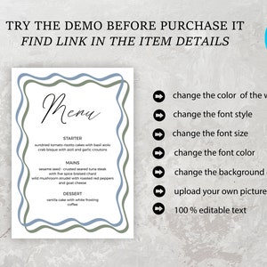 Wavy Menu Template, Wave Menu Card, Wedding Menu Any Colors, Wedding ...