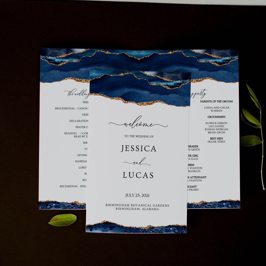 Folded Wedding Program Template, Blue and Gold Wedding Program, Bifold ...