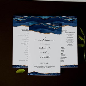 Folded Wedding Program Template, Blue and Gold Wedding Program, Bifold ...