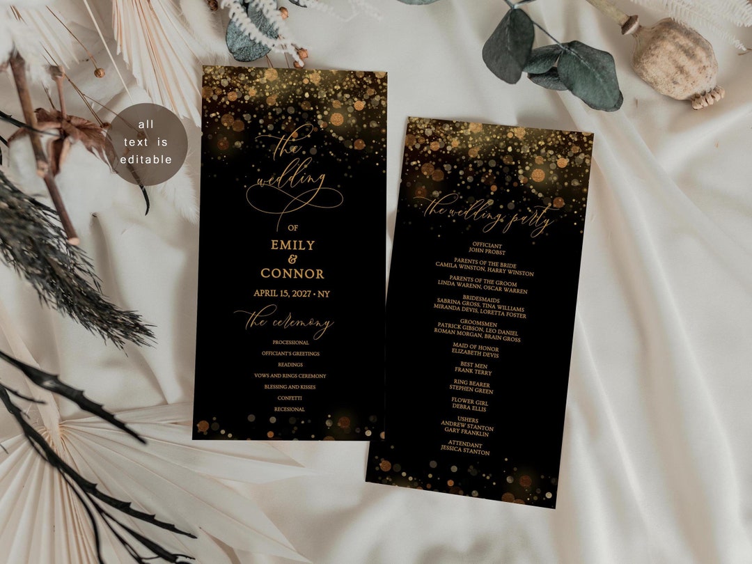 Personalized Ceremony Program, Golden Wedding Program Template, Black and Gold Event Program ...