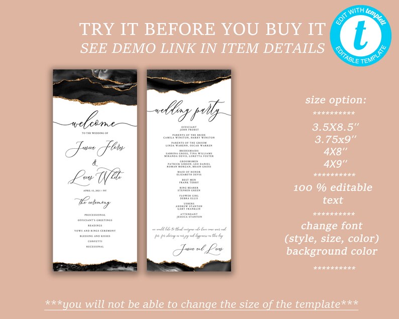 Black and Gold Wedding Program Template Customize Wedding - Etsy