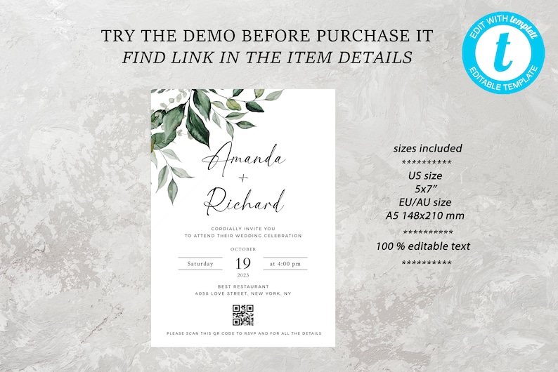 Wedding Invitation QR Code Greenery Wedding Invitation - Etsy