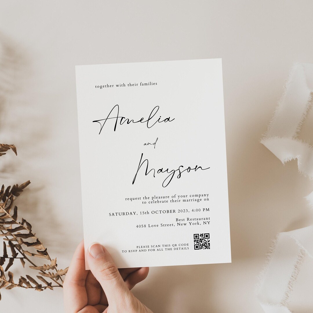 Printable Wedding Invitation With QR Code, Modern Minimalist Wedding ...
