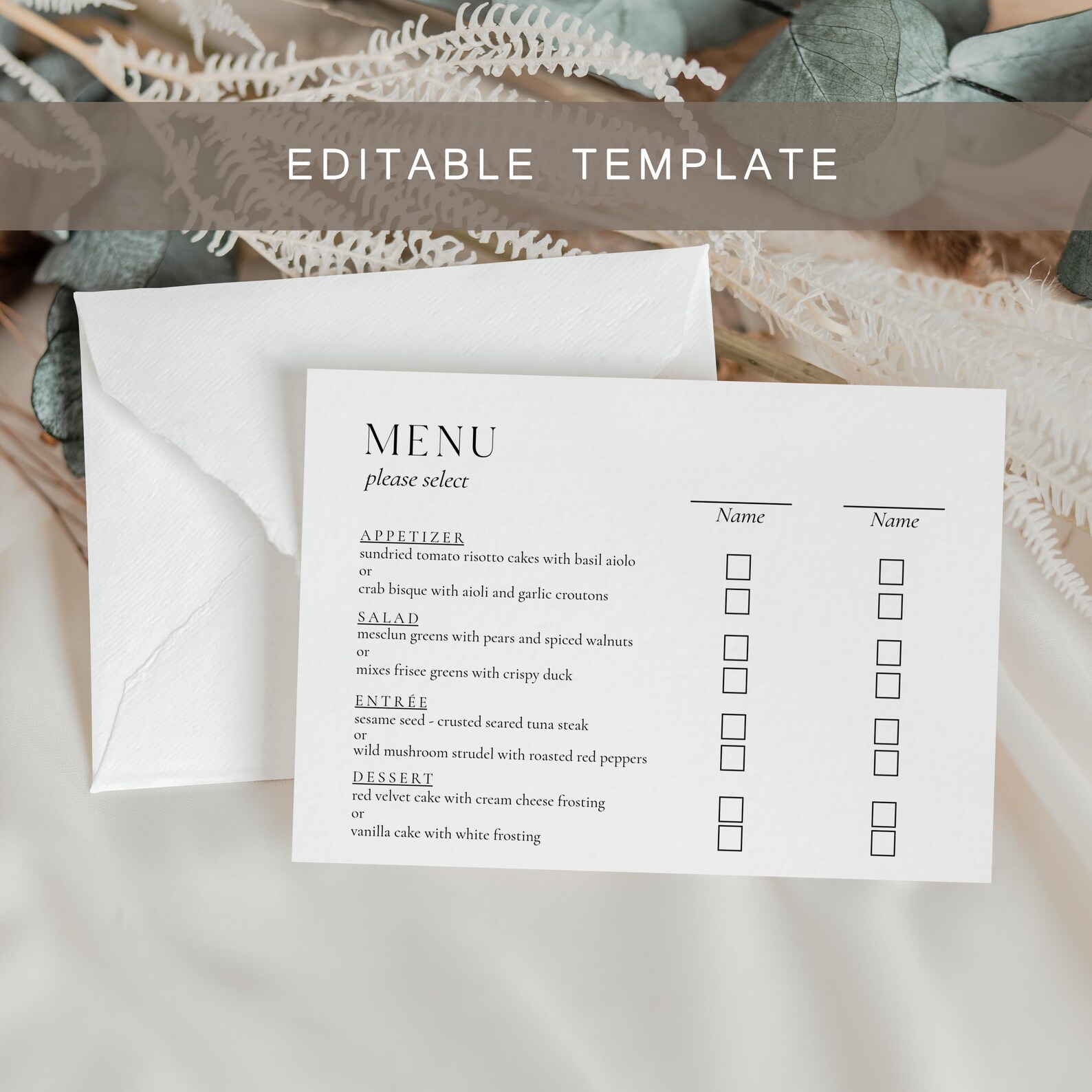 Wedding Menu Selection Card, Food Choice, Editable Template, Instant ...