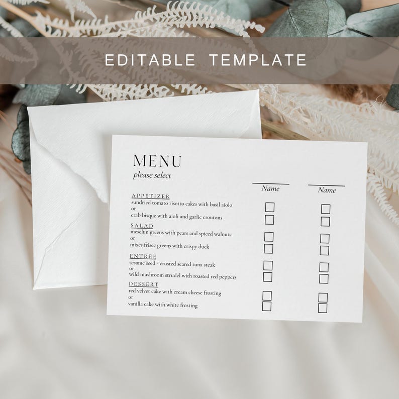 Wedding Menu Selection Card, Food Choice, Editable Template, Instant ...