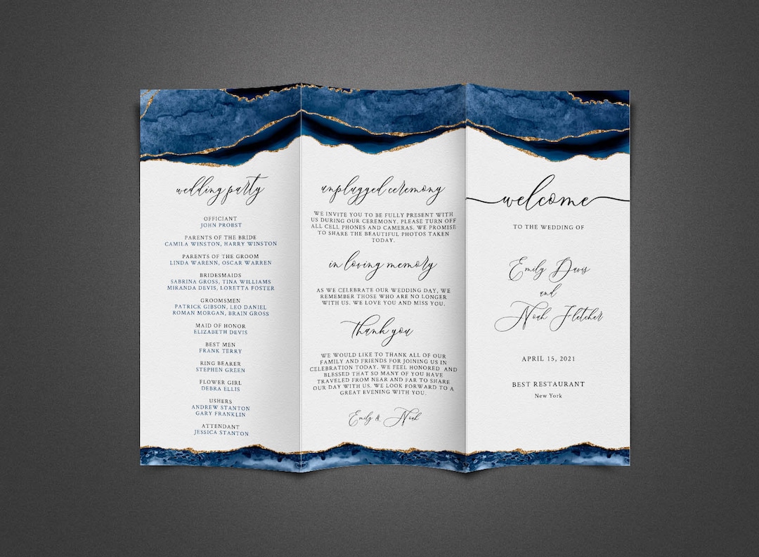 Blue and Gold Wedding Program Template, Trifold Wedding Program ...