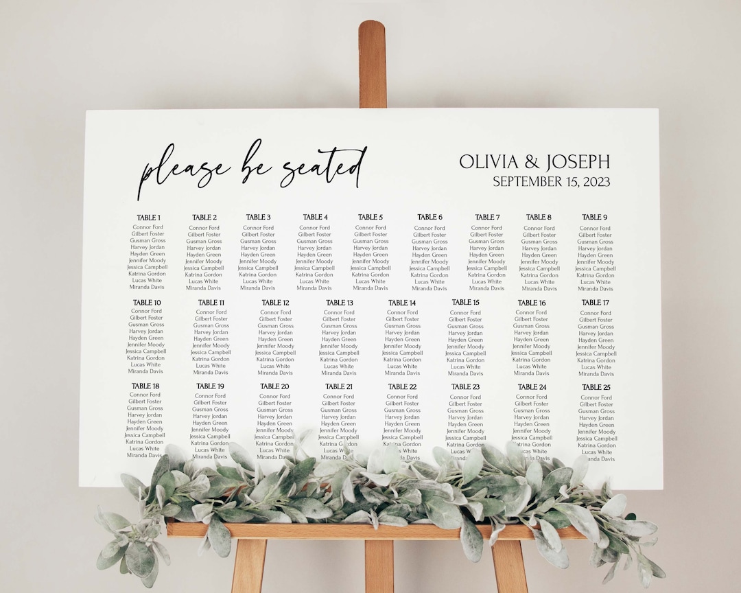 Wedding Seating Chart Sign for 25 Tables, All Text Editable, Printable ...