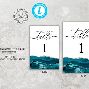 Teal and Silver Table Number Template, Table Number Cards for Wedding ...
