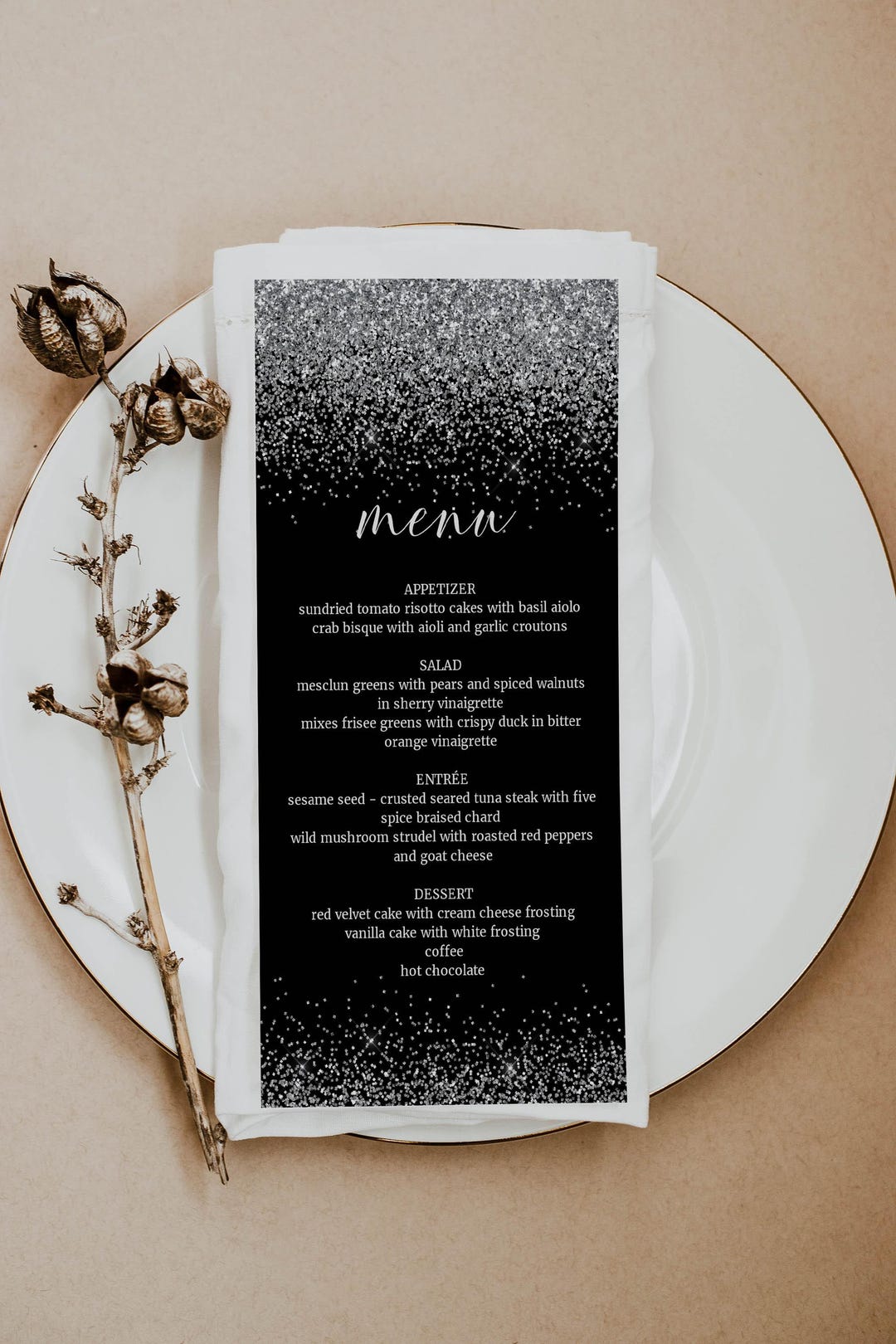 Black and Silver Menu Card Template, Wedding Menu Card Glitter Silver ...