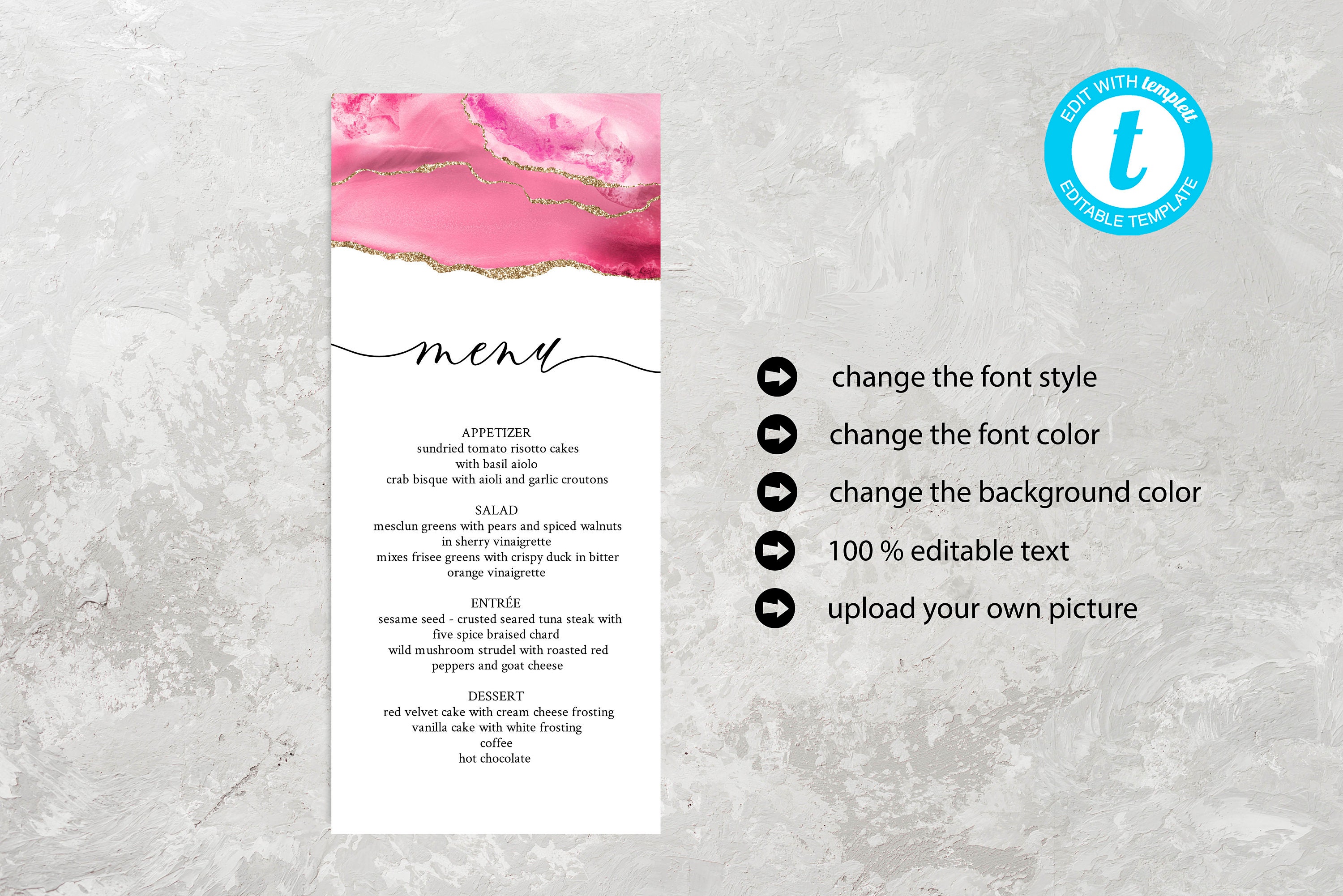 Pink Wedding Menu Card Template Menu Card Fuchsia and Gold | Etsy