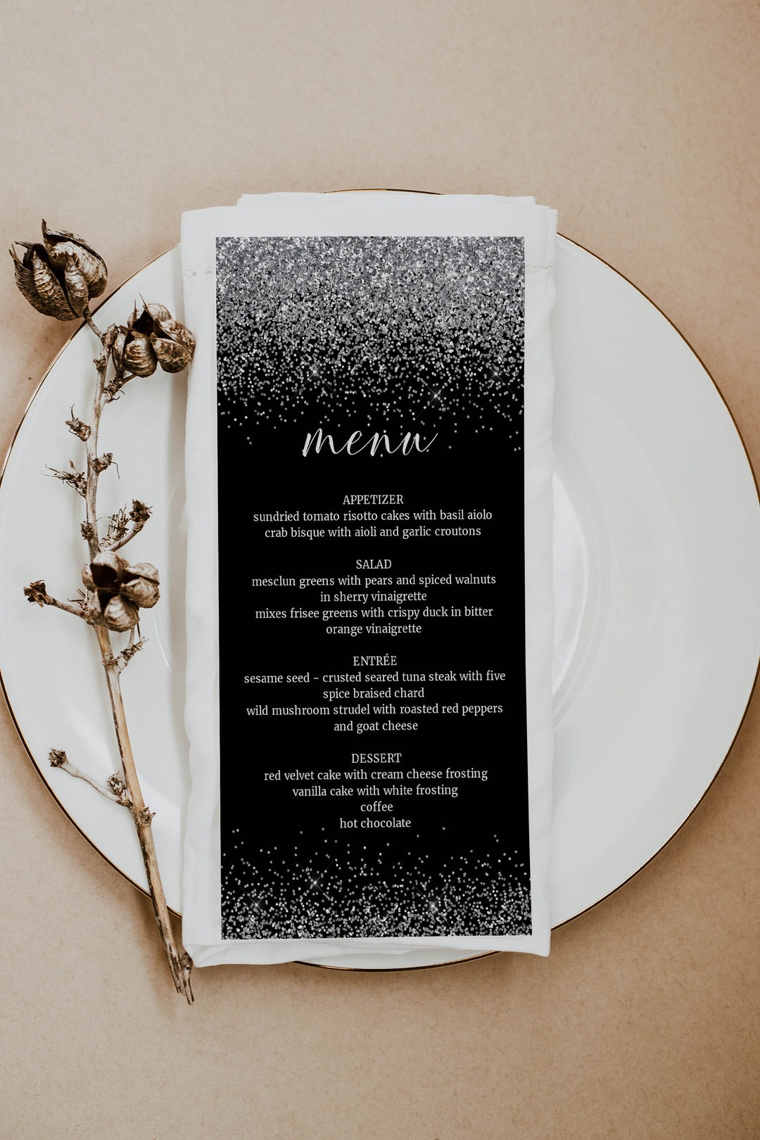 Black and Silver Menu Card Template, Wedding Menu Card Glitter Silver ...