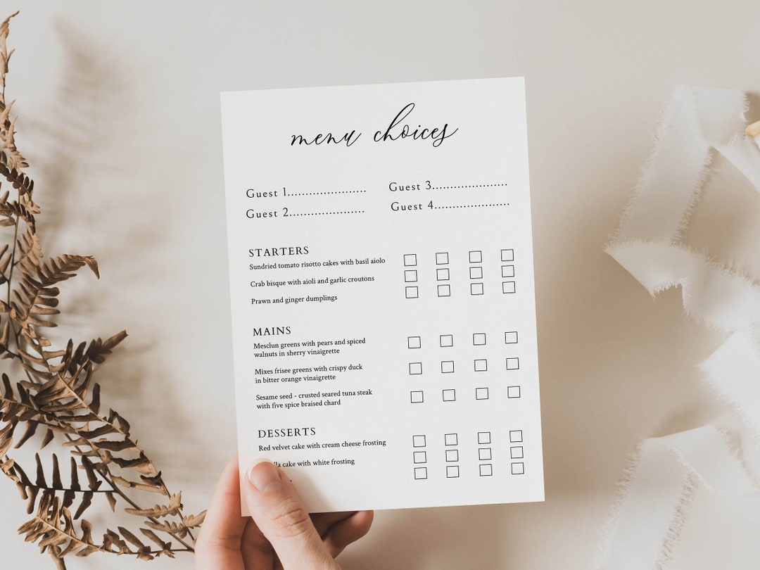Wedding Menu Selection Card, Menu Choice Card, Wedding Menu Card ...