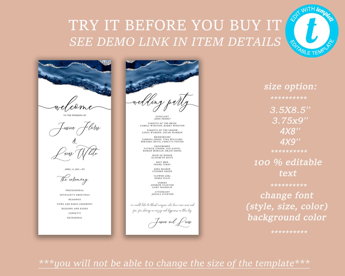Blue Wedding Program Template, Customize Wedding Program, DIY Ceremony ...