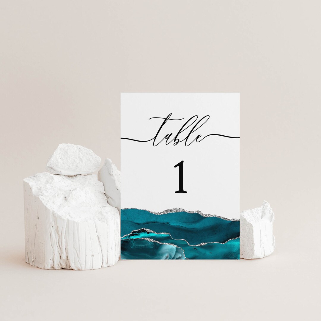 Teal and Silver Table Number Template, Table Number Cards for Wedding ...