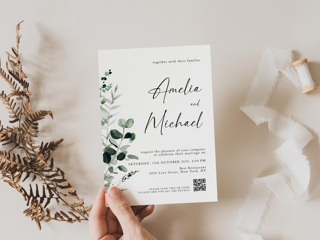 Wedding Invitation QR Code, Greenery Wedding Invitation Template ...