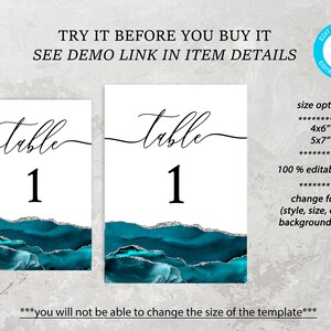 Teal and Silver Table Number Template, Table Number Cards for Wedding ...