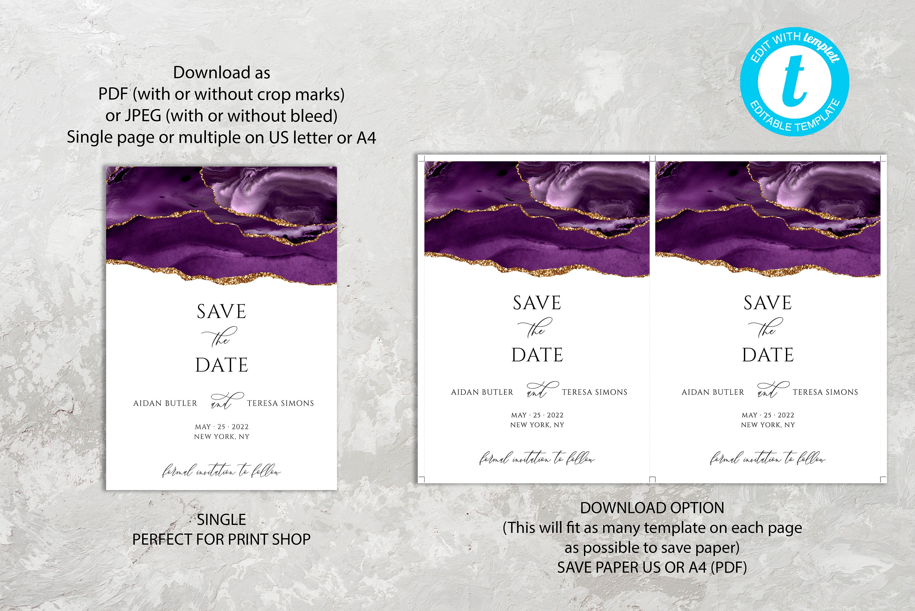 Purple and Gold Save the Date Template Save the Date Purple - Etsy ...