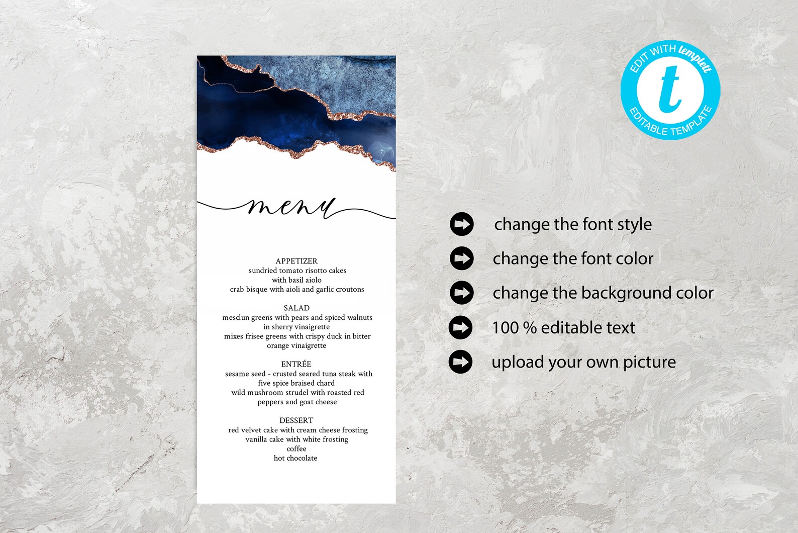 Wedding Menu Card Blue and Rose Gold Dinner Menu Card | Etsy