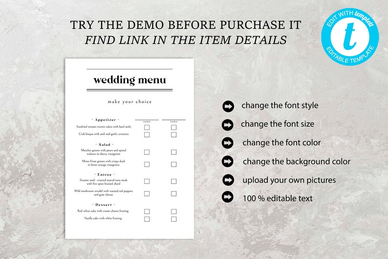Wedding Menu Selection Card Printable, Editable Digital Download - Etsy