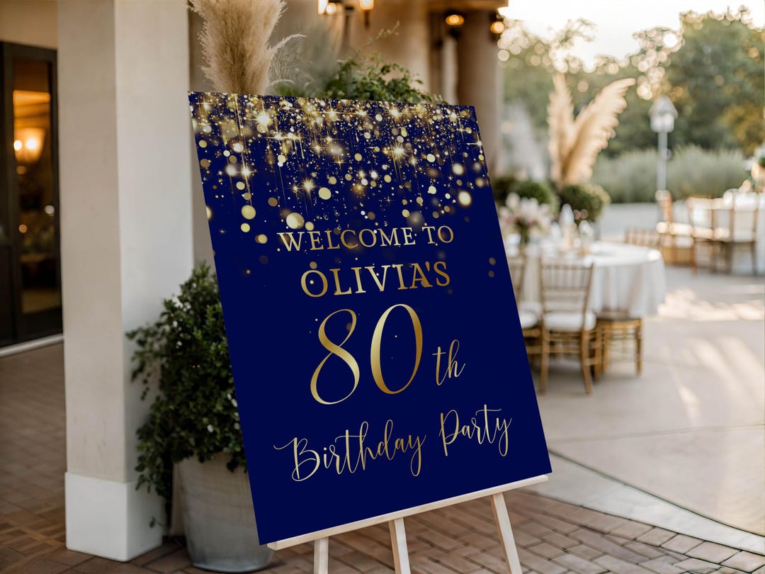 Blue and Gold 80th Birthday Welcome Sign, Editable Template, Digital ...