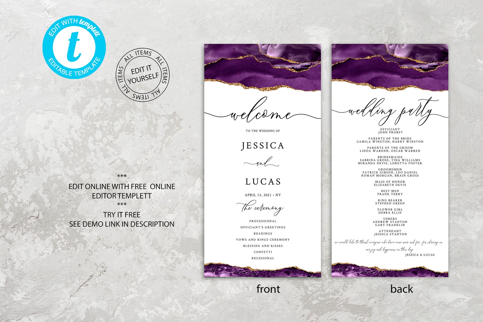 Purple and Gold Ceremony Program Template Wedding Program - Etsy
