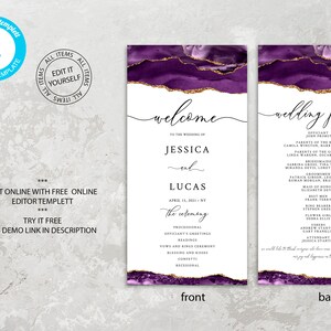 Purple and Gold Ceremony Program Template, Wedding Program Template ...
