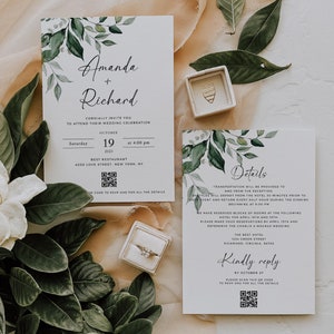 Wedding Invitation QR Code, Greenery Wedding Invitation Template ...