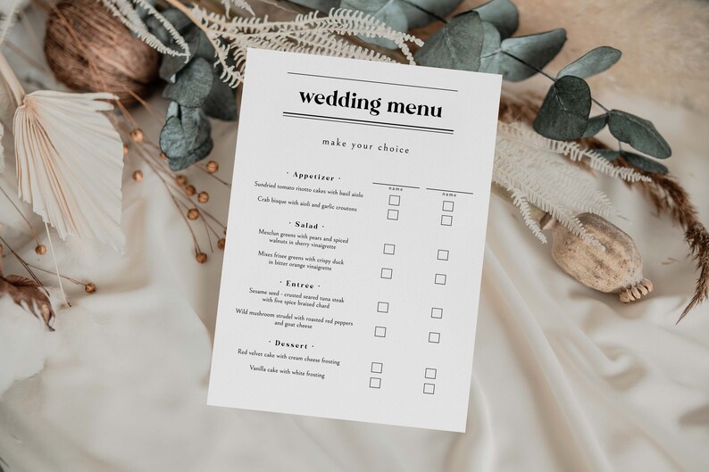 Wedding Menu Selection Card Printable, Editable Digital Download - Etsy