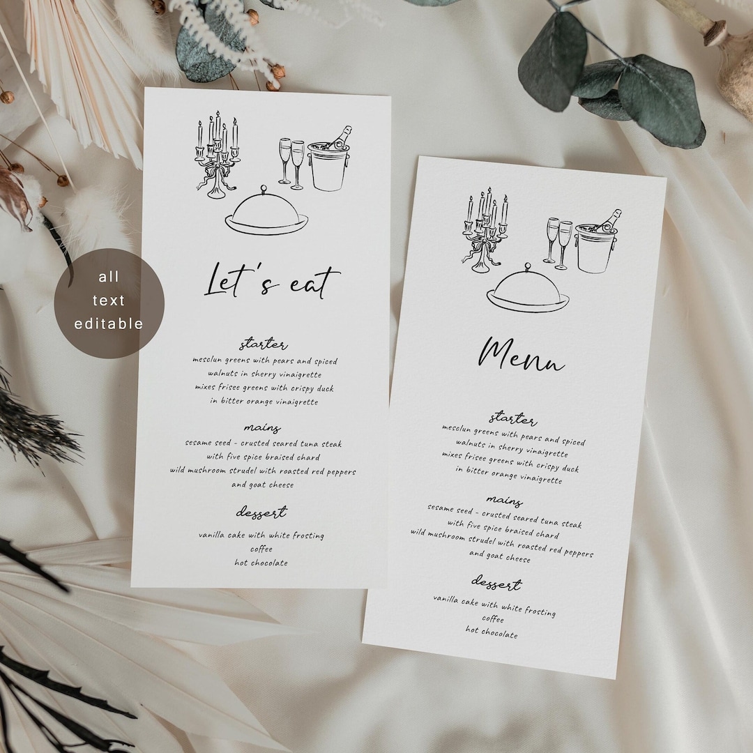 Whimsical Wedding Menu, Handwritten Menu Template, Trendy, Unique ...