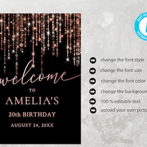 Black and Rose Gold Glitter Sign, Birthday Party Welcome Sign, Welcome ...