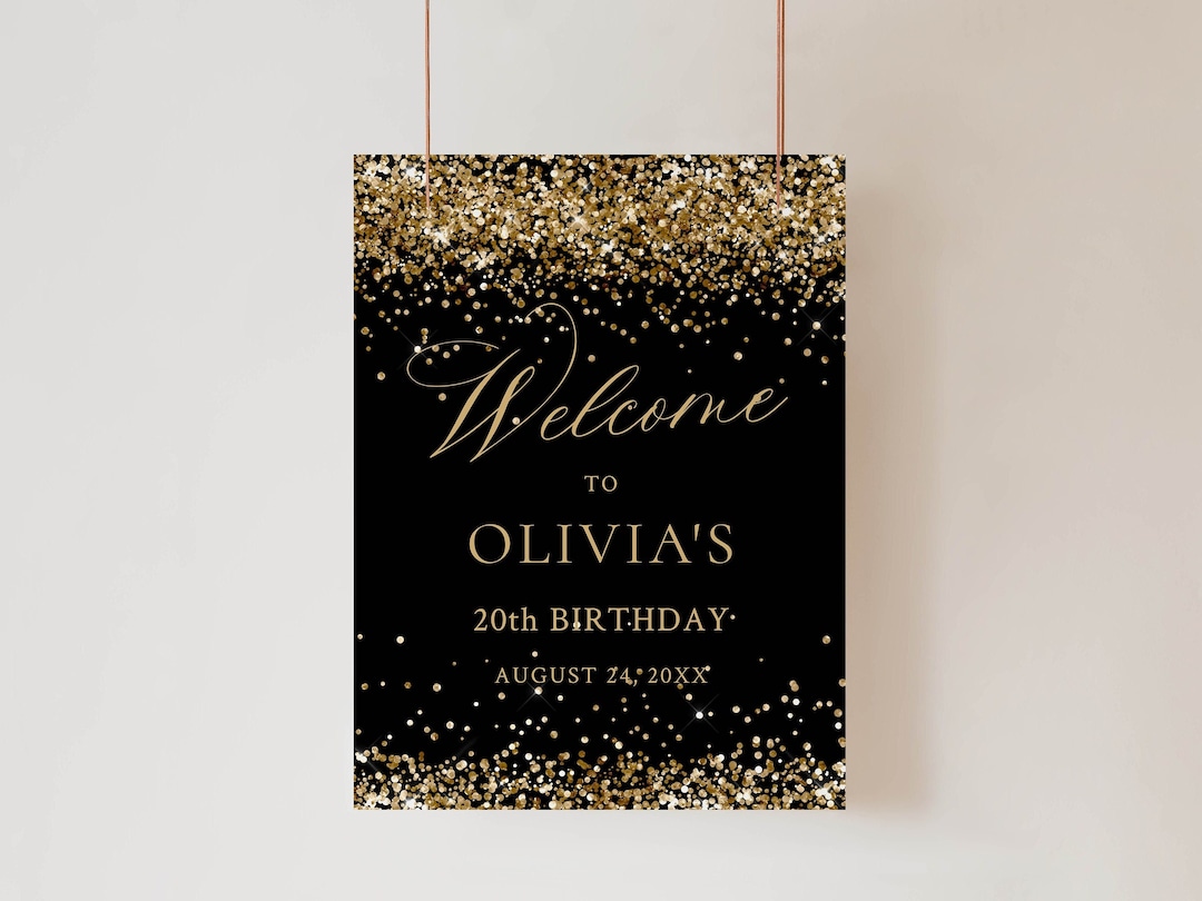 Golden Birthday Party Welcome Sign, Black and Gold Welcome Sign Party ...