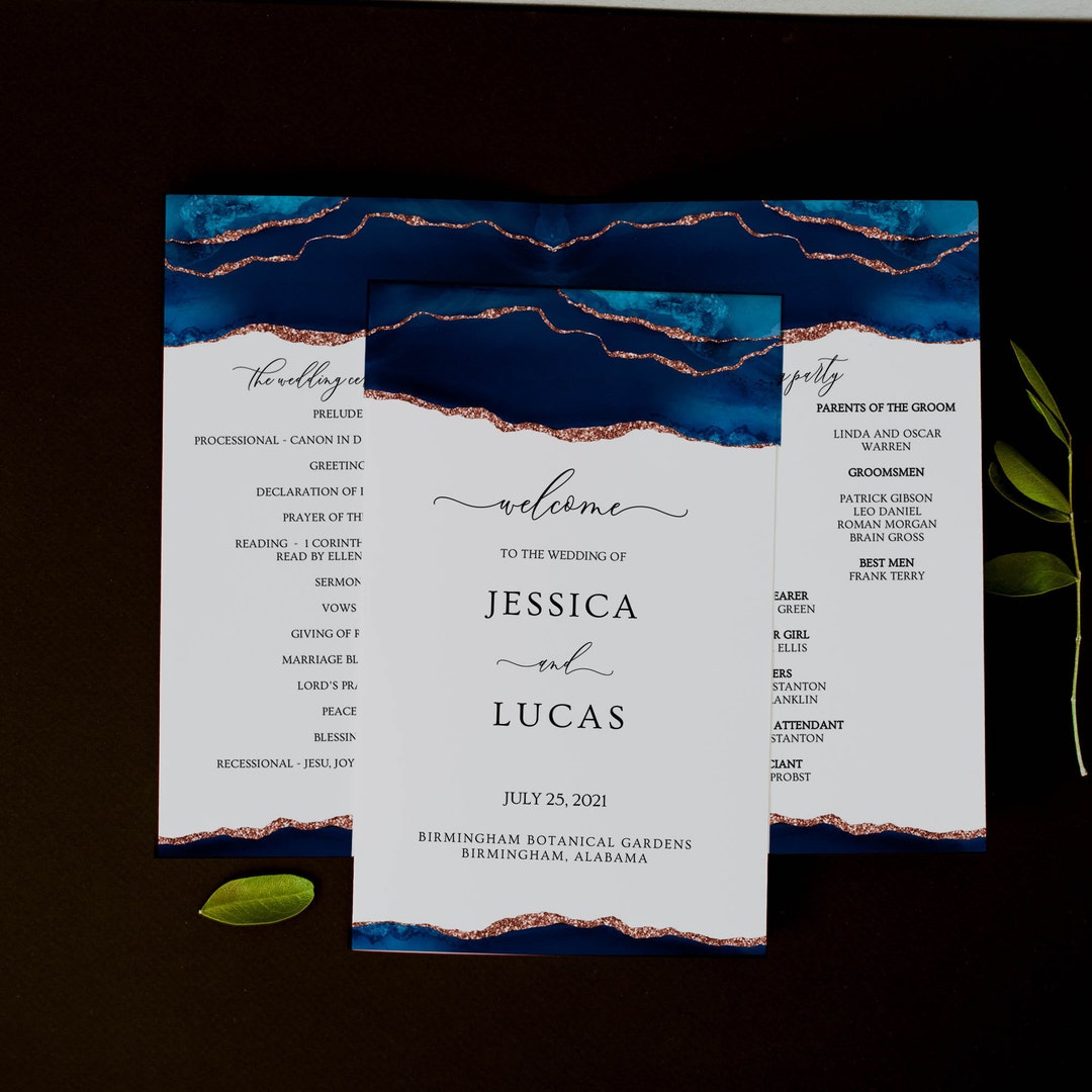 Folded Wedding Program Template, Blue and Rose Gold Wedding Program ...