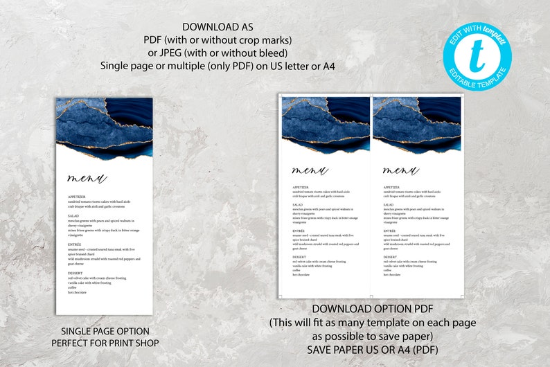 Wedding Menu Card Template DIY Menu Card Dinner Menu Card - Etsy