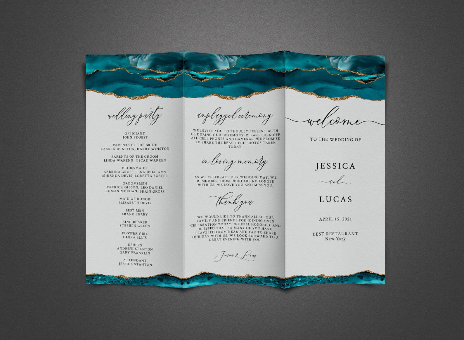 Teal and Gold Trifold Wedding Program Folding Program - Etsy